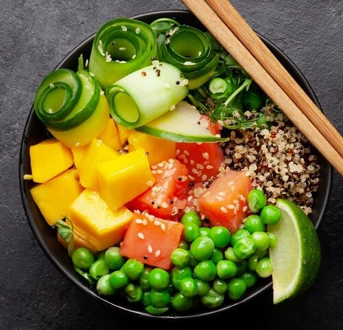 Poke bowl IG Bas saumon quinoa mangue - Recettes IG Bas
